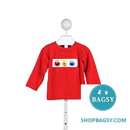 THE SMOCKING BUG RED KNIT TOP WITH SESAME STREET SMOCKING