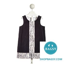 HANNAH KATE NAVY CORD DRESS WITH NAVY/IVORY PRINT TRIM